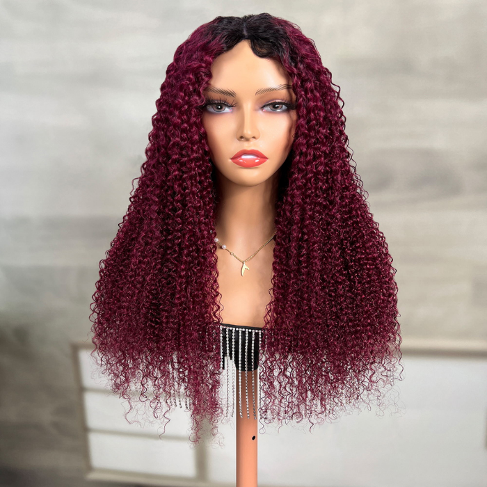 Julia Hair Burgundy Curly Wig With Black Roots Glueless V Part Wig 150% ...