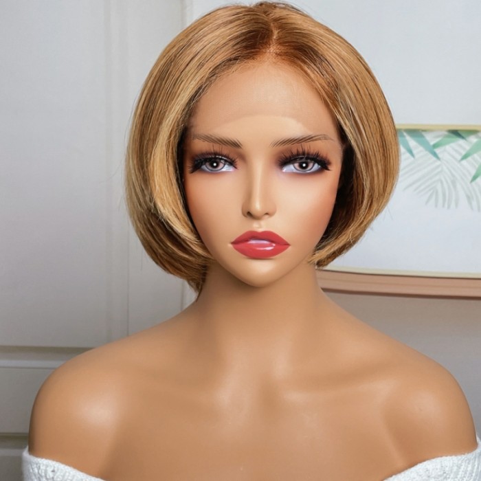 Julia Short Golden Blonde Highlights Inverted Bob Wigs Premium 13X4 ...