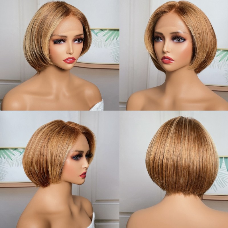 Julia Short Golden Blonde Highlights Inverted Bob Wigs Premium 13X4 ...