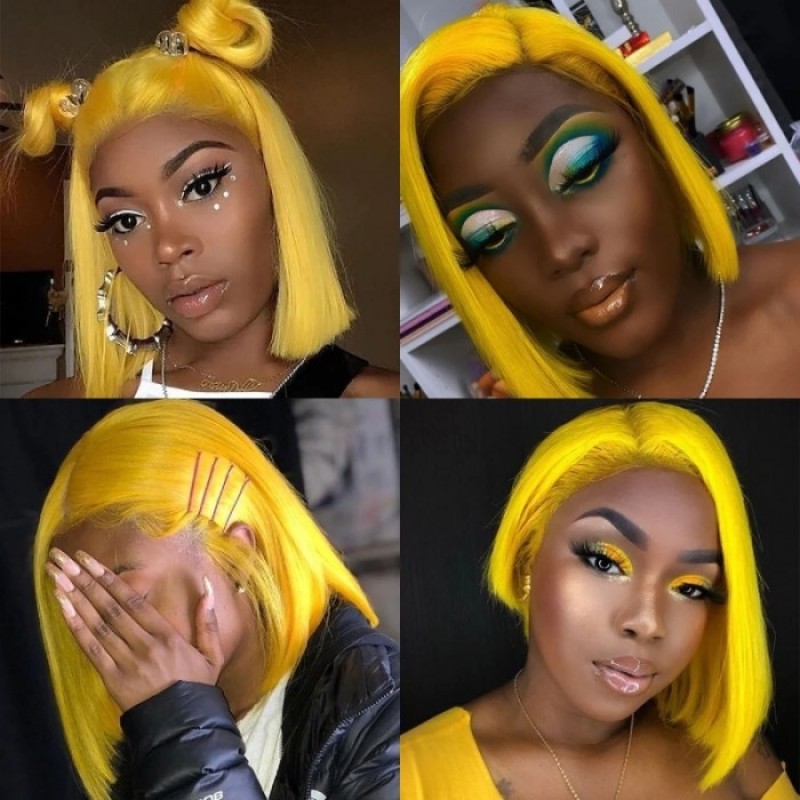 Julia Hair Short Bob Wig 13x4 Lace Front Human Hair Wig Lemon Yellow ...
